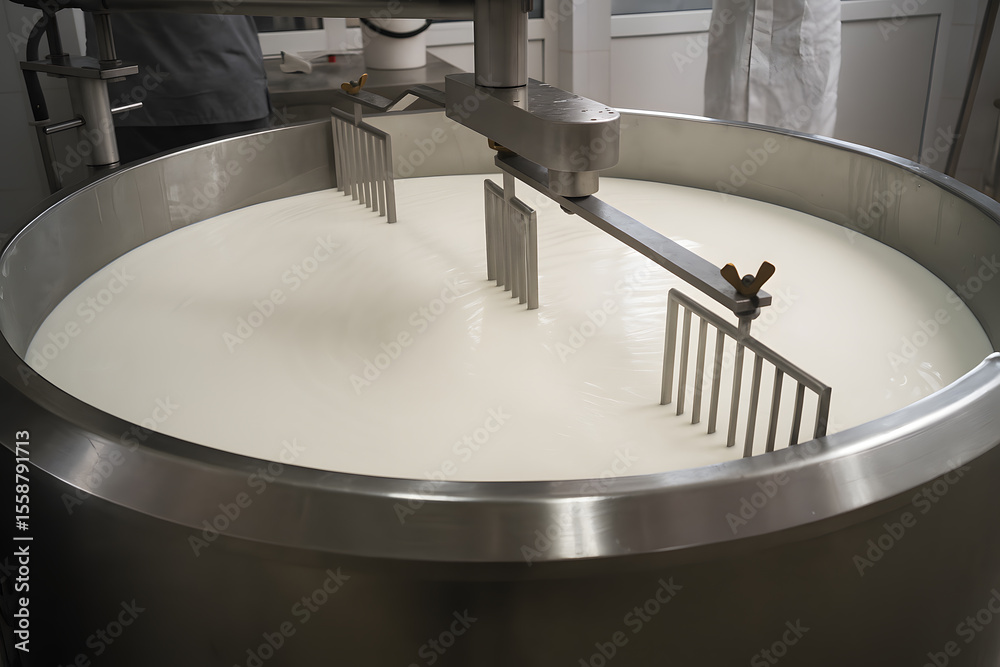 Traditional Cheese Making Process Stirring Fresh Milk in Industrial ...