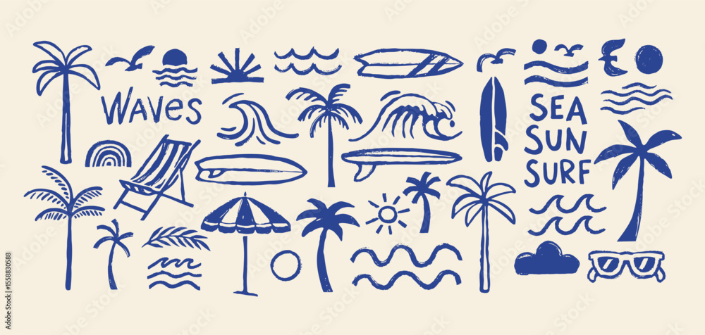 Hand-drawn doodle beach and surf icon vector set with tropical elements ...
