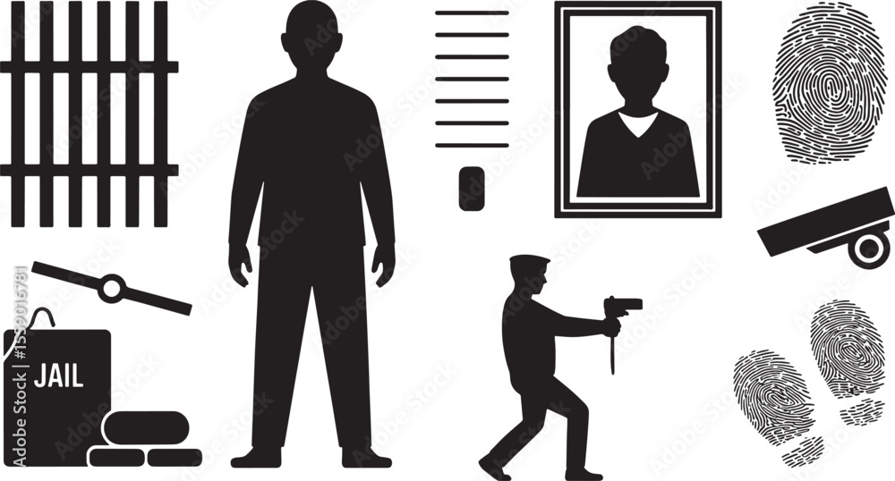 Stock-Vektorgrafik „Black Silhouette Criminal Justice Elements Jail ...