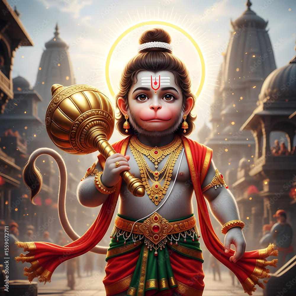 Artistic depiction of lord hanuman holding a golden mace in a spiritual ...