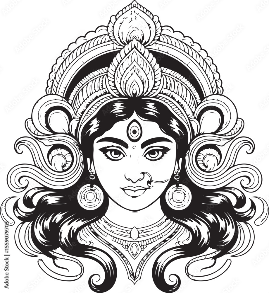 Goddess Durga with Trishul Silhouette Design Durga Face with Third Eye ...