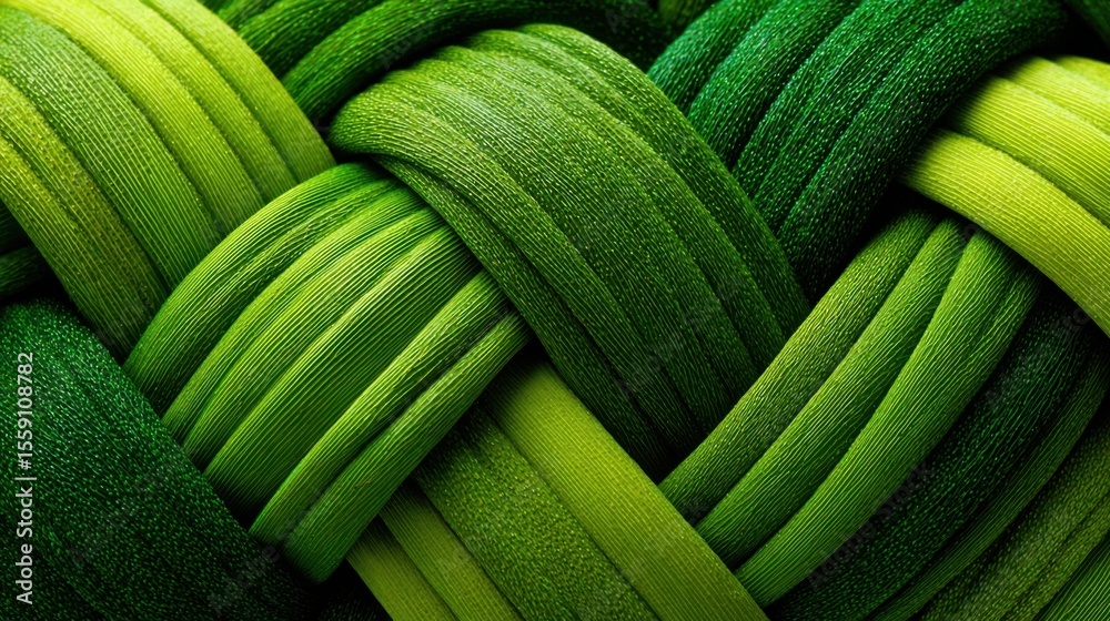 Detailed display of tightly interwoven green fabrics showcases a ...