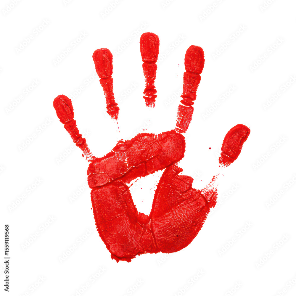 A stark red handprint with smudges, streaks, and granular texture ...