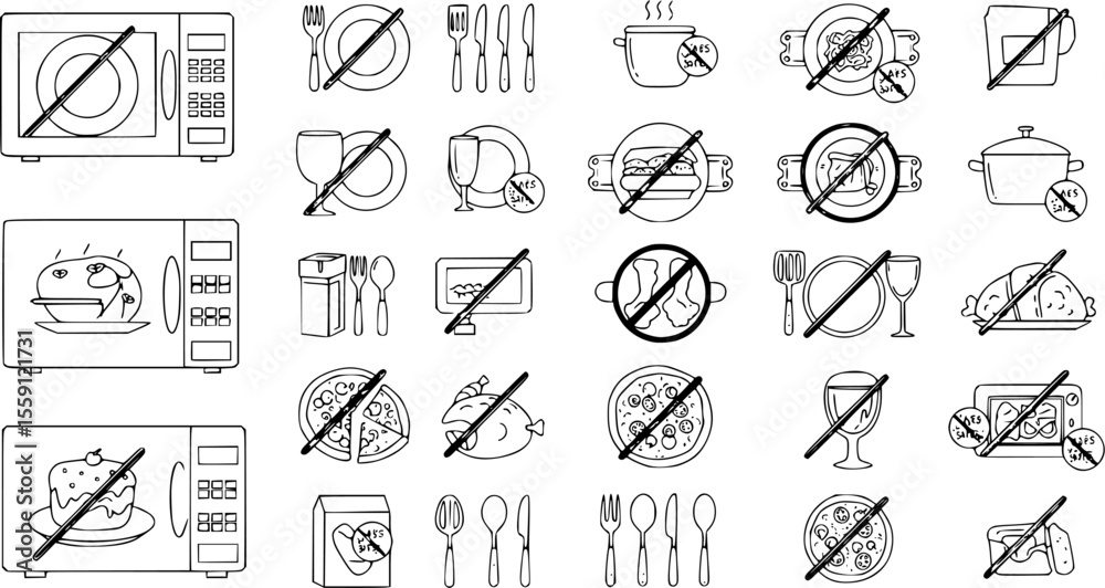 Microwave safe icons set. Black and white microwave oven safe and not ...