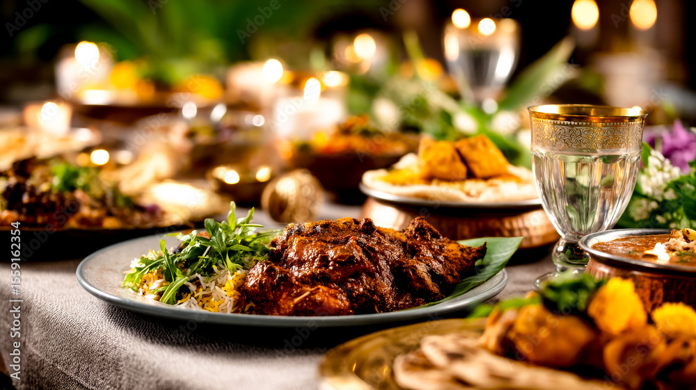 A lavish traditional Indian festive Diwali dinner spread with lamb dish ...