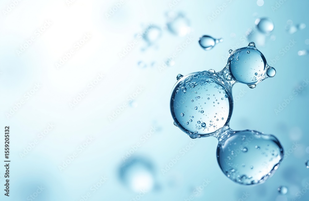 Close-up of blue water molecules floating. Transparent spheres with ...