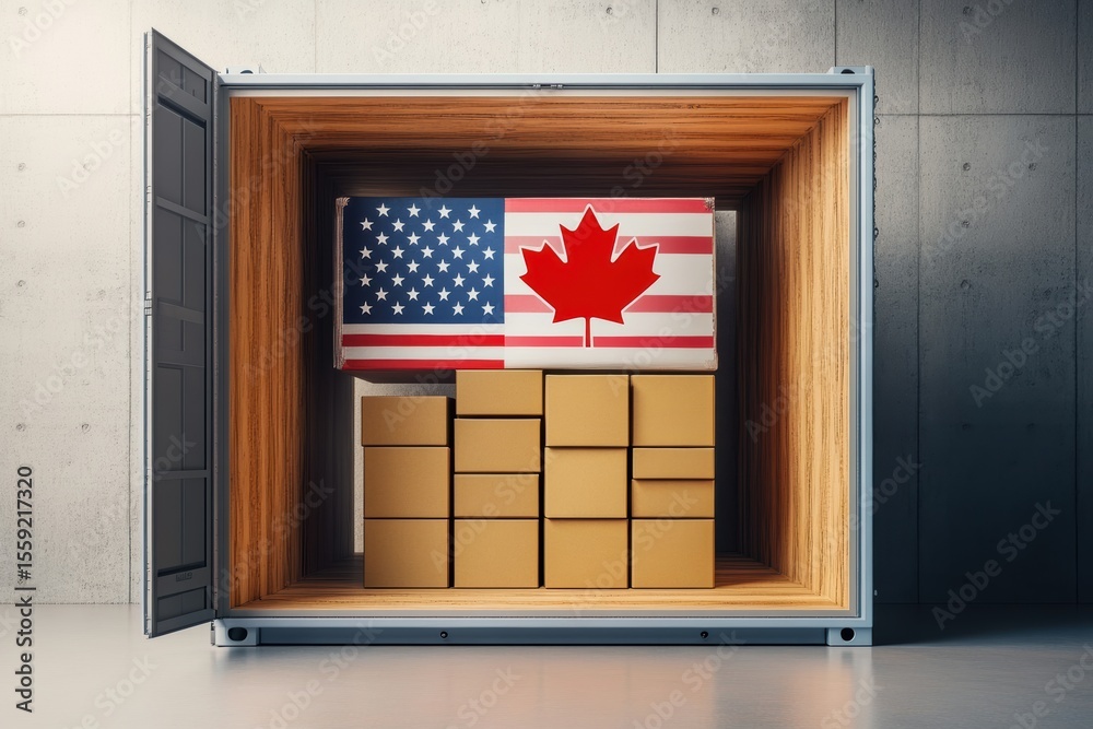 Container displaying Canadian and American flags is opened to reveal ...
