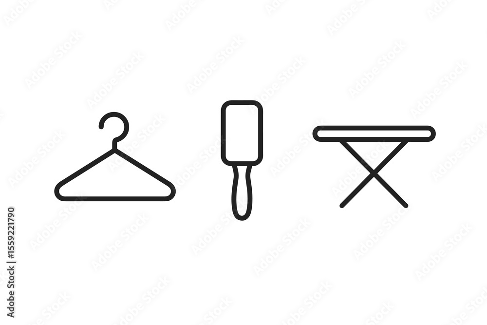Laundry symbols: hanger, lint roller, ironing board icons in black ...