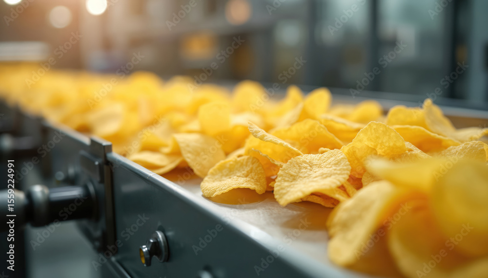 Potato chips moving conveyor belt in food factory. Golden crispy potato ...