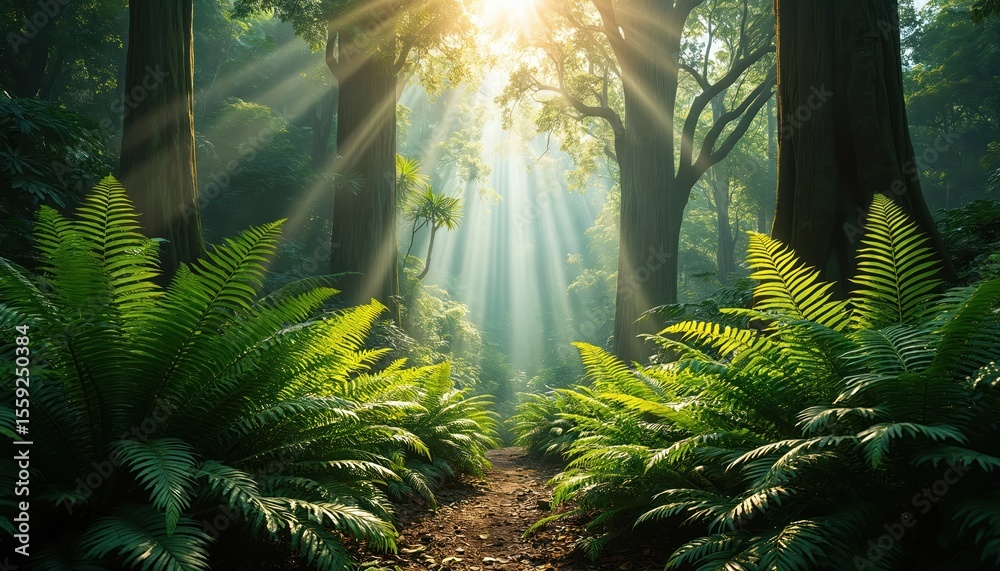 Lush Australian rainforest with ferns, towering trees. Thick vegetation ...