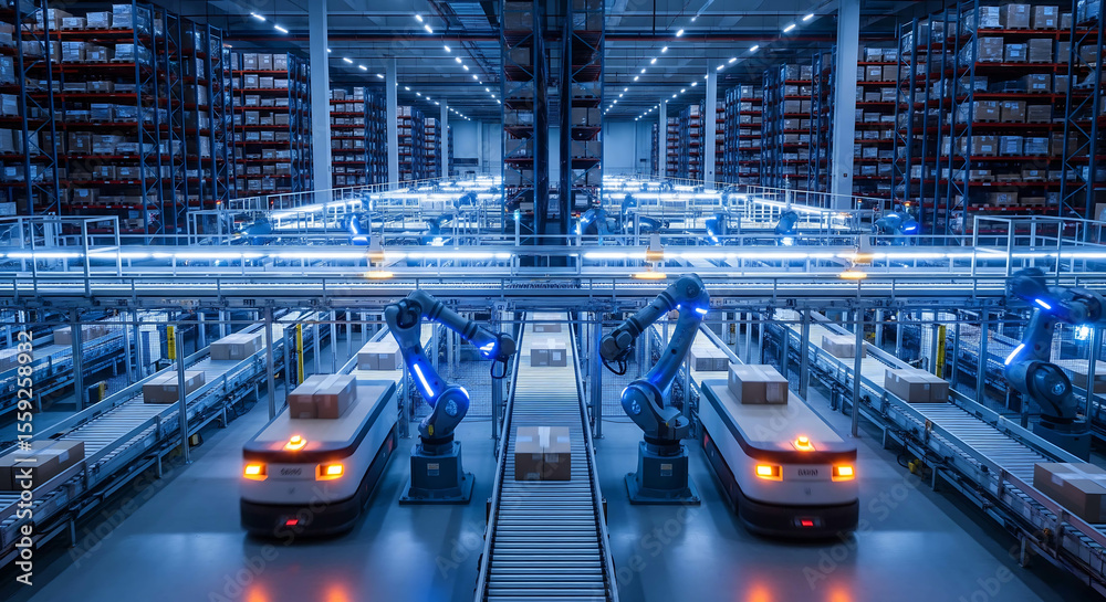 Automated warehouse robotics system high tech futuristic logistics ...