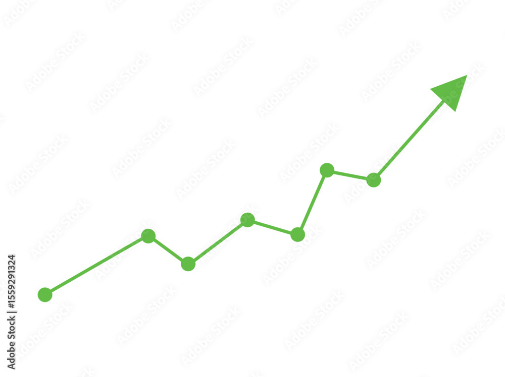 Title: green business arrow rising up with dots followed by line graph ...
