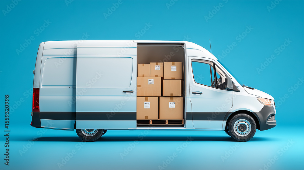 White cargo van with its side door open showing stacked cardboard boxes ...