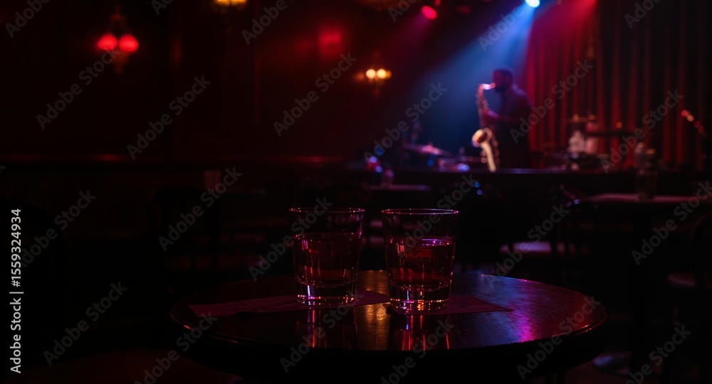 Foto de Stock Two Drinks on a Table in a dimly lit Jazz Club | Adobe Stock