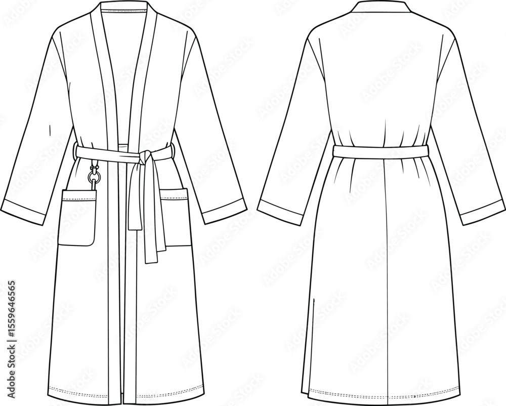 Bathrobe technical sketch, fashion cad flat, vector drawing robe design ...