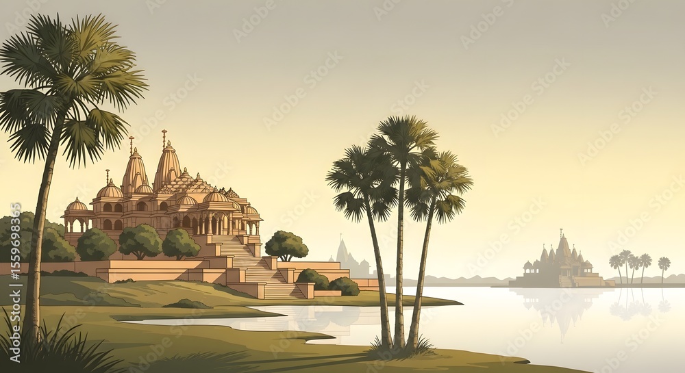 Illustration of temple landscape with palm trees and river indian ...