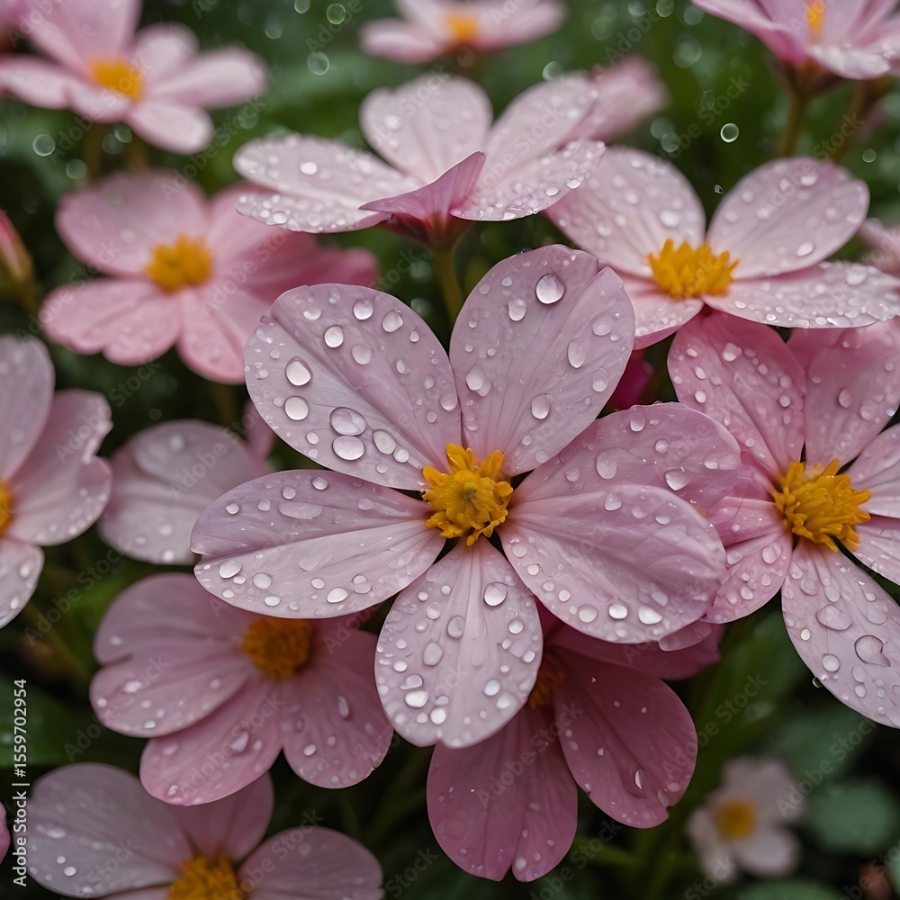 Pink flowers with dew drops after a rain shower Stock Photo | Adobe Stock