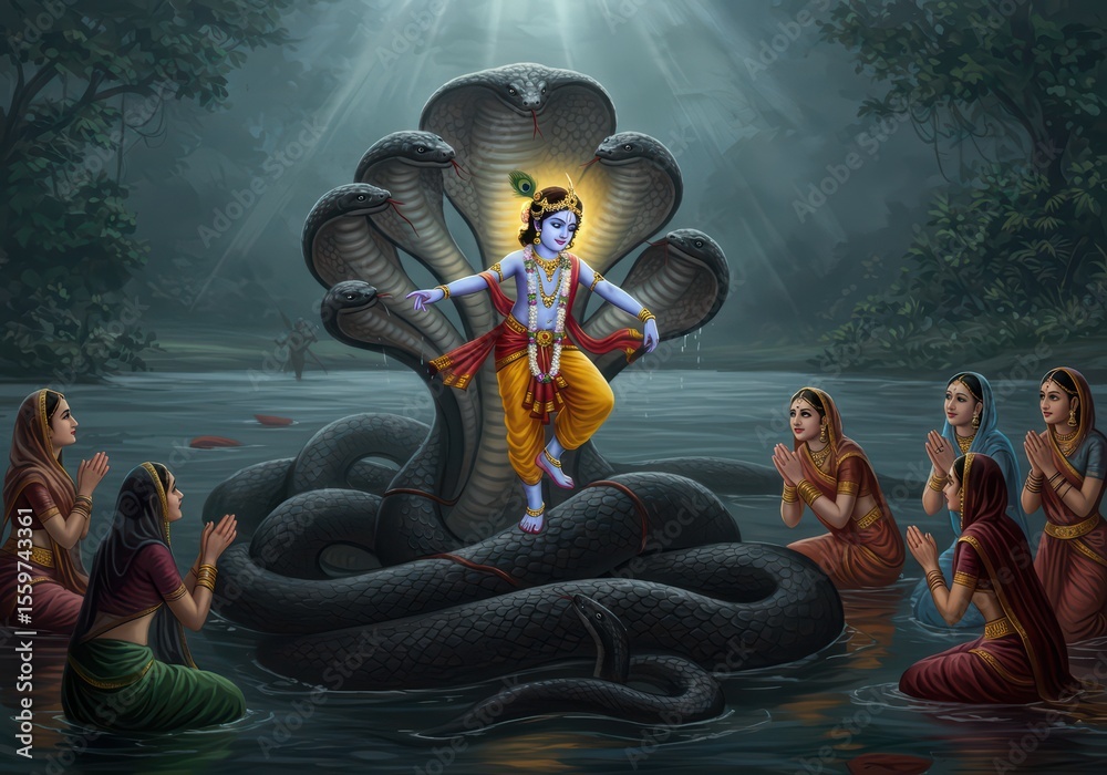 Krishna Subdues Kaliya Serpent - Dramatic Battle Scene with Cosmic ...