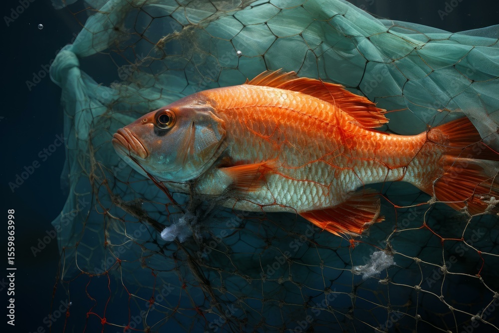 Fotografie Orange fish is struggling for survival, entangled in a ...