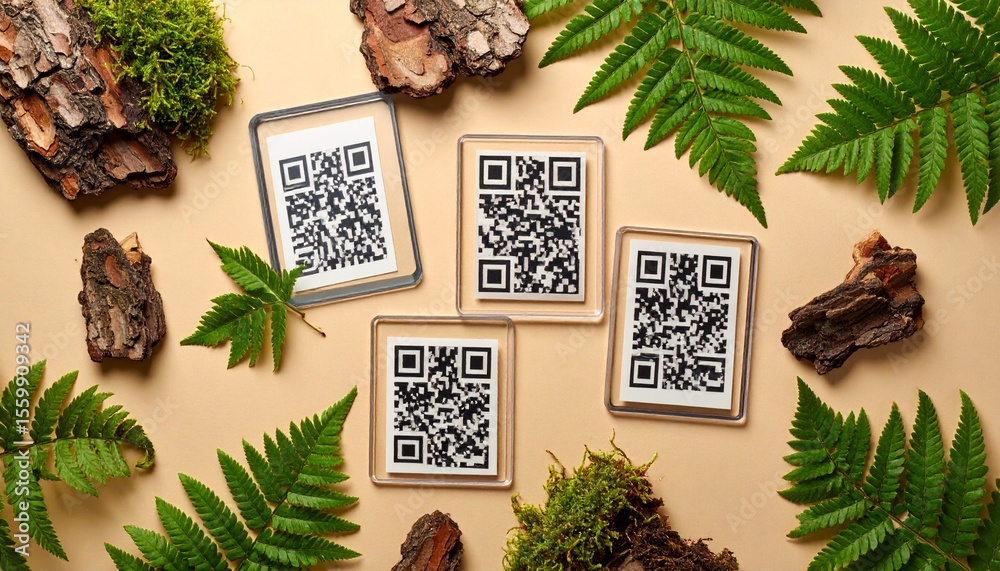 Moss, fern fronds, and bark fragments documented in transparent frames ...