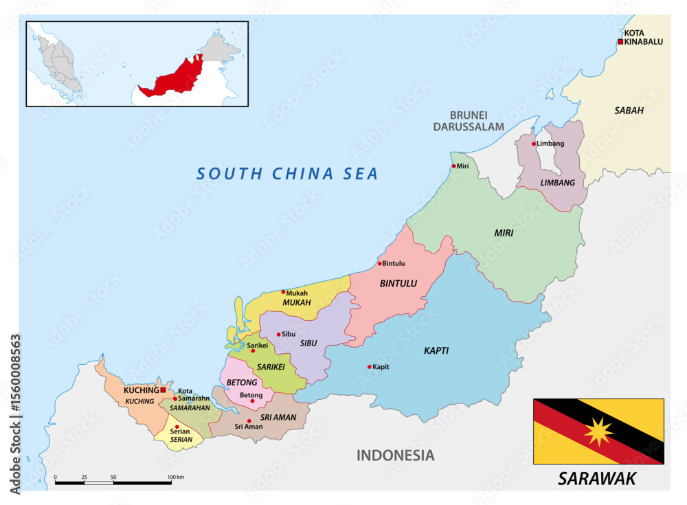 Administrative and political map of the malayan division sarawak Stock ...