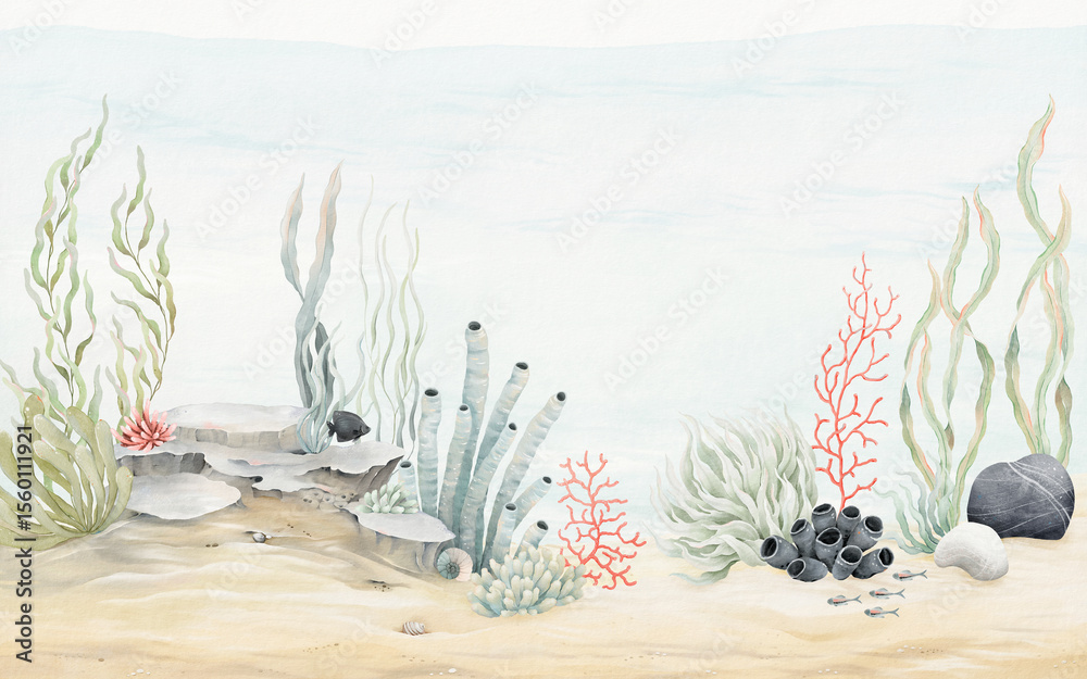 Watercolor seabed landscape with delicate seaweeds, plants, coral reef ...