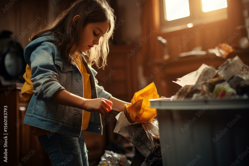 Girl throwing garbage in a trash bin overflowing with waste, promoting ...