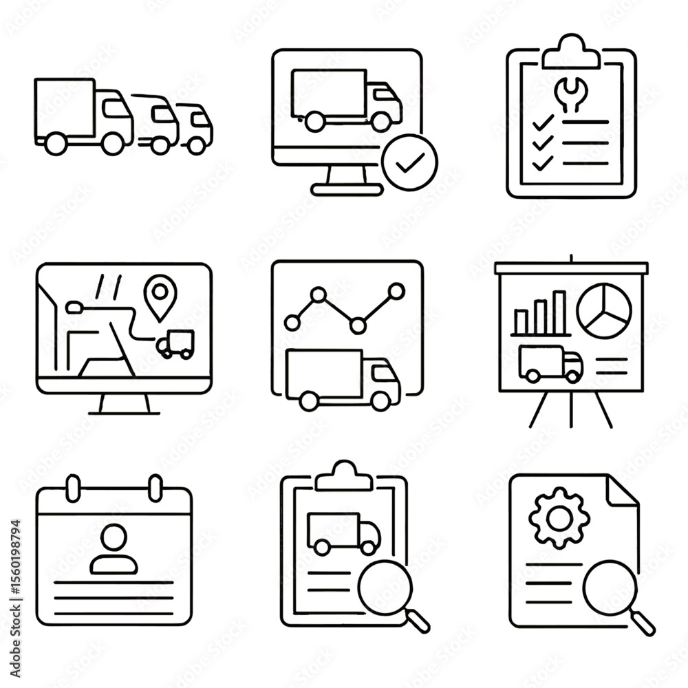 เวกเตอร์ Stock Truck Fleet Icons. Outline style icons of Truck Fleet ...