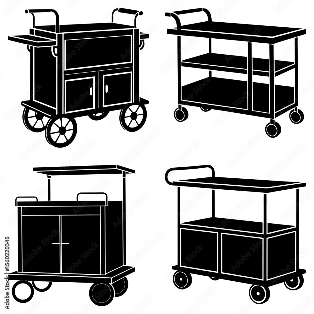 Four different styles of serving carts in black silhouette with wheels ...