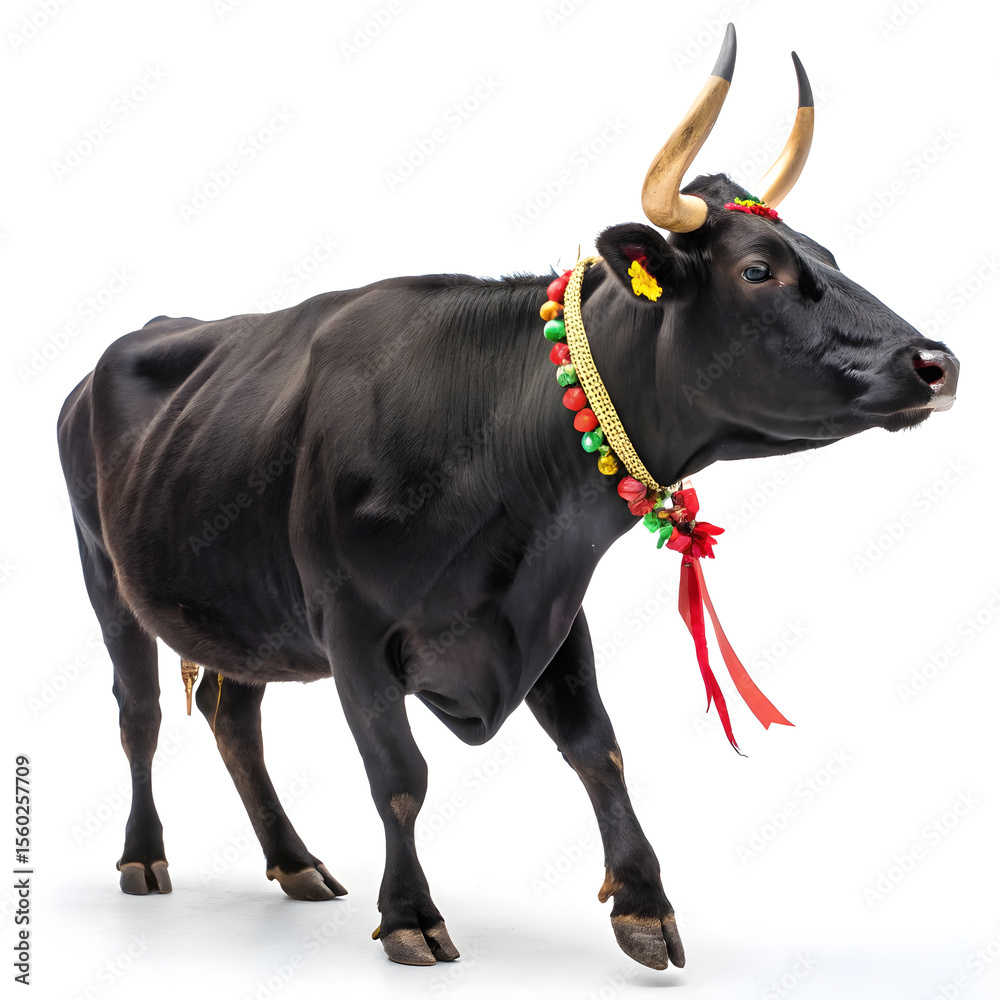 Full-body black Eid cow with golden horn tips and decorative accents ...
