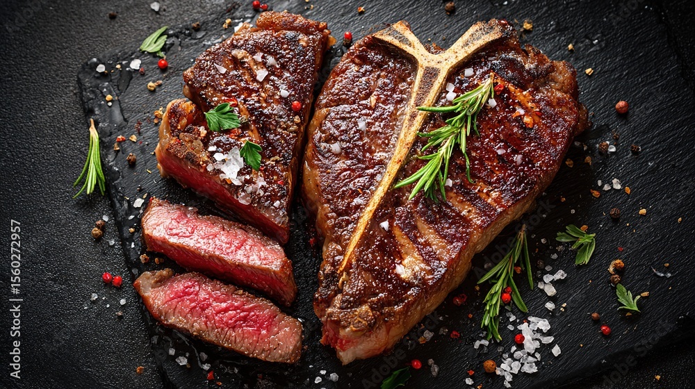 Dry Aged Barbecue Porterhouse Steak T-bone beef steak sliced with large ...