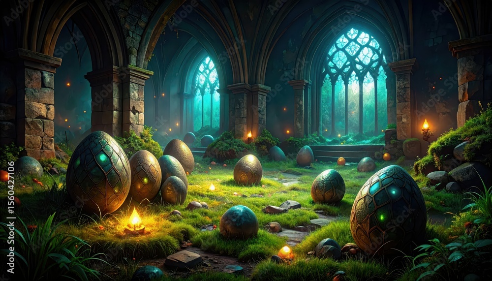 Mystical Treasure in Forgotten Monastery with Bioluminescent Eggs Stock ...