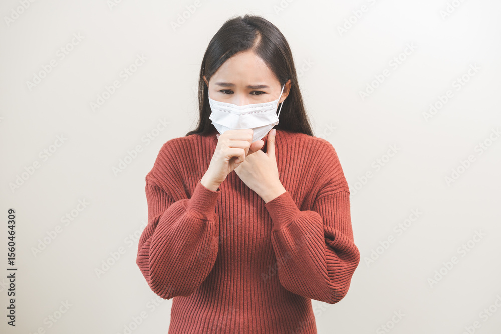 Unhealthy sickness, unwell asian young woman wearing mask coughing ...