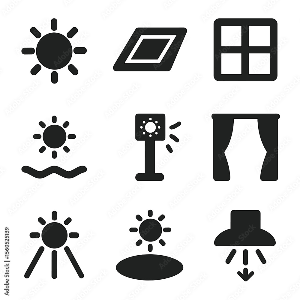 Black Light Icons. Solid, filled icon set of natural light sources: sun ...