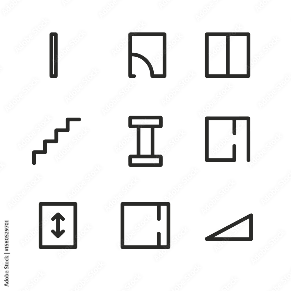 Floor Plan Icons. Outline icon set of floor plan layout elements: walls ...