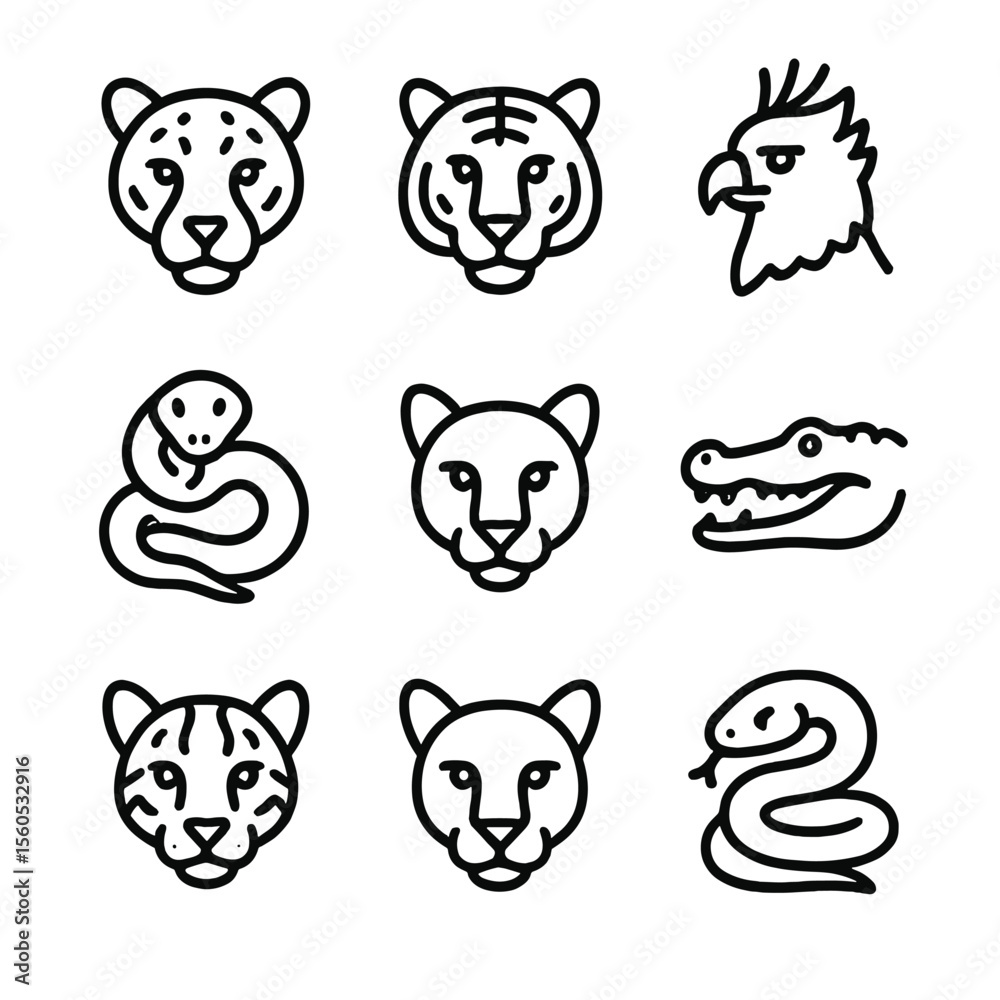Jungle Predator Icons. Outline icon set of jungle apex predators ...