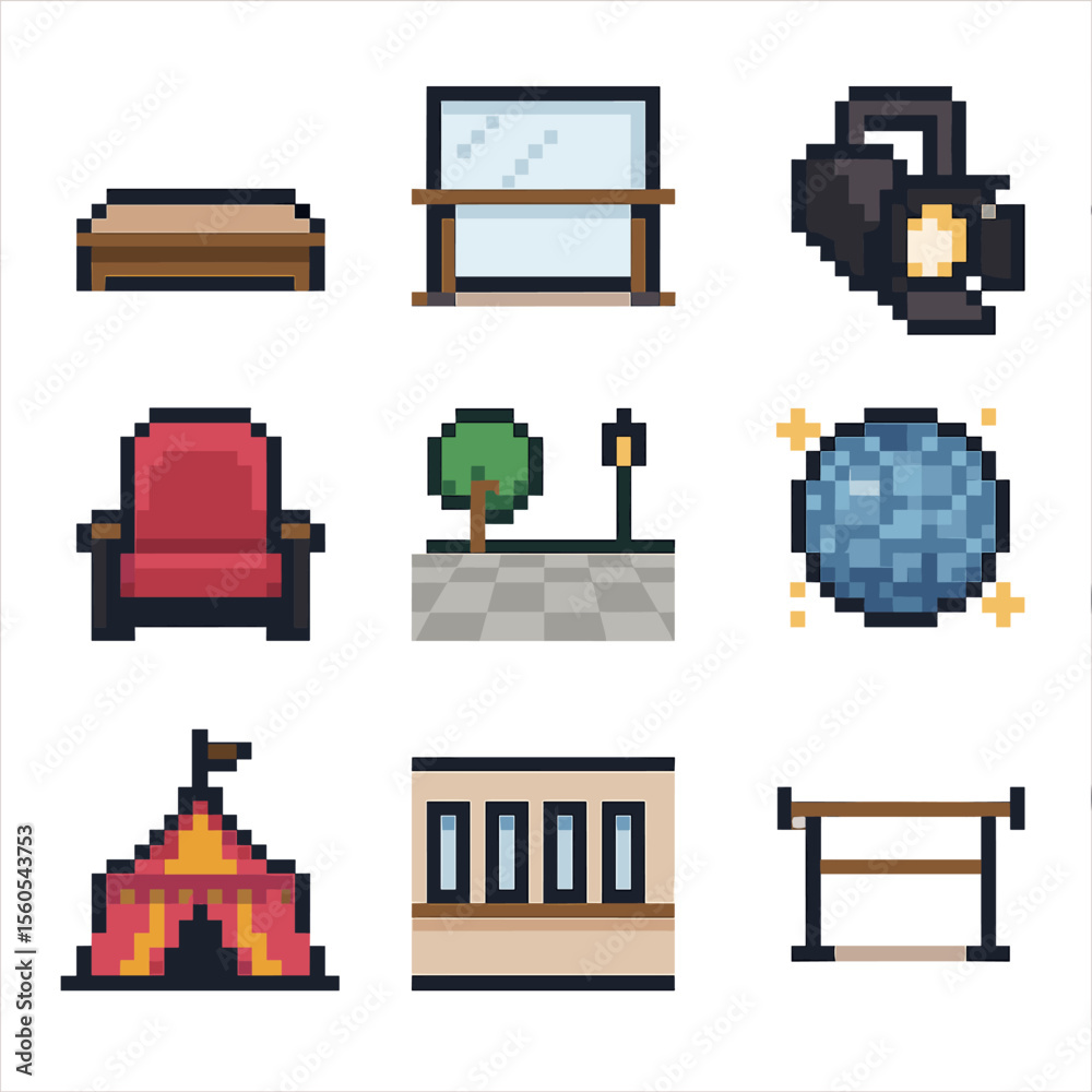 Dance Venue Icons. Pixel art icon set of dance venues and spaces: stage ...