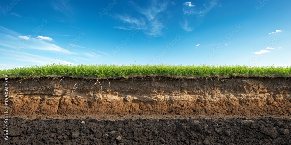 Cross-Section of Soil Layers under Grassy Field, Blue Sky Background ...