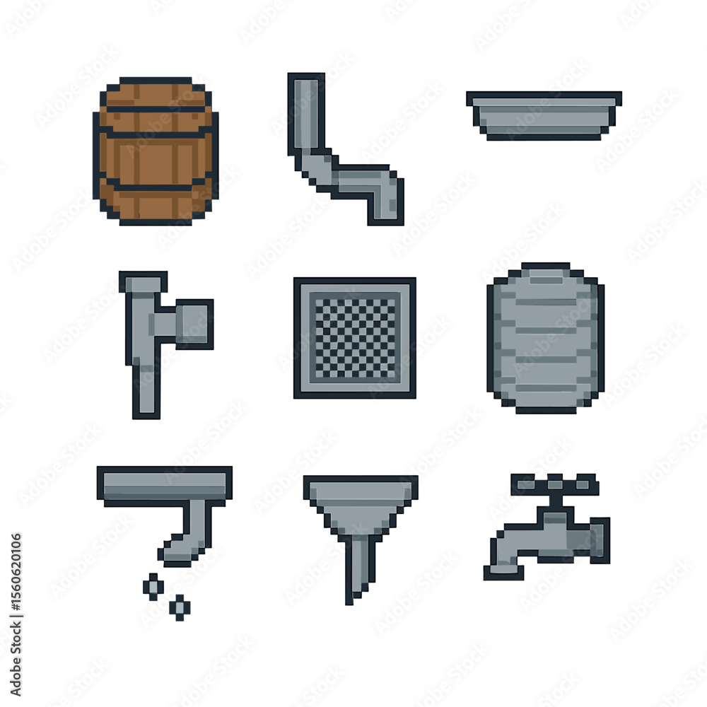 Rainwater Harvesting Icons. Pixel art icon set of rainwater harvesting ...