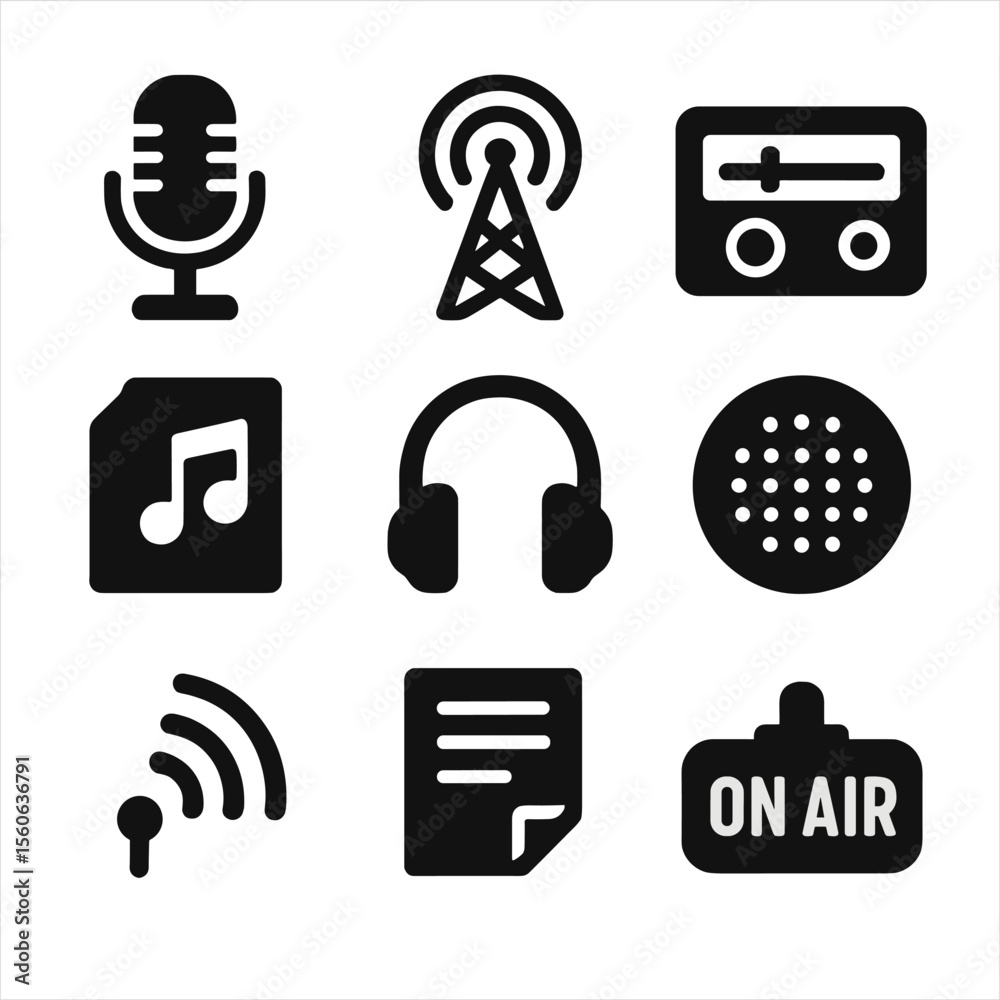 Vintage Radio Icons. Solid, Filled icon set of vintage radio show ...