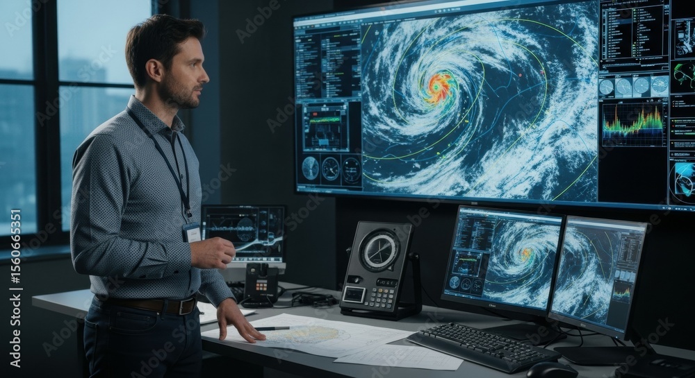 Man in weather center analyzing hurricane data on monitors and radar ...