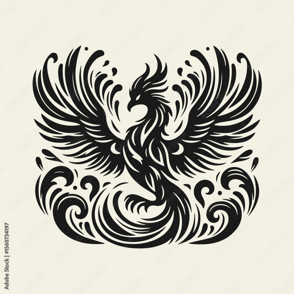 Black and white silhouette tattoo design of a phoenix bird, stylized in ...