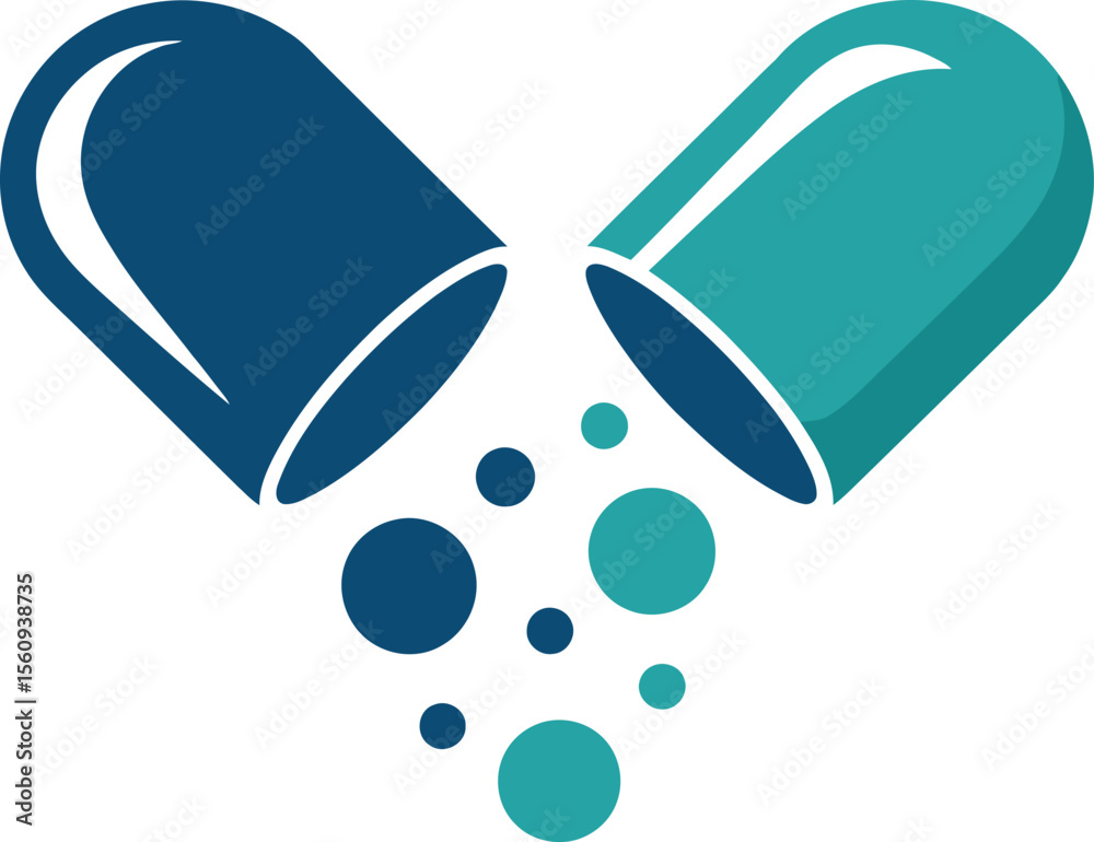 Abstract medical capsule with falling powder particles in two colors ...
