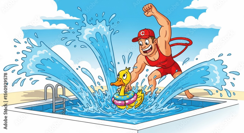 Cartoon lifeguard rescues duck in swimming pool illustration for ...