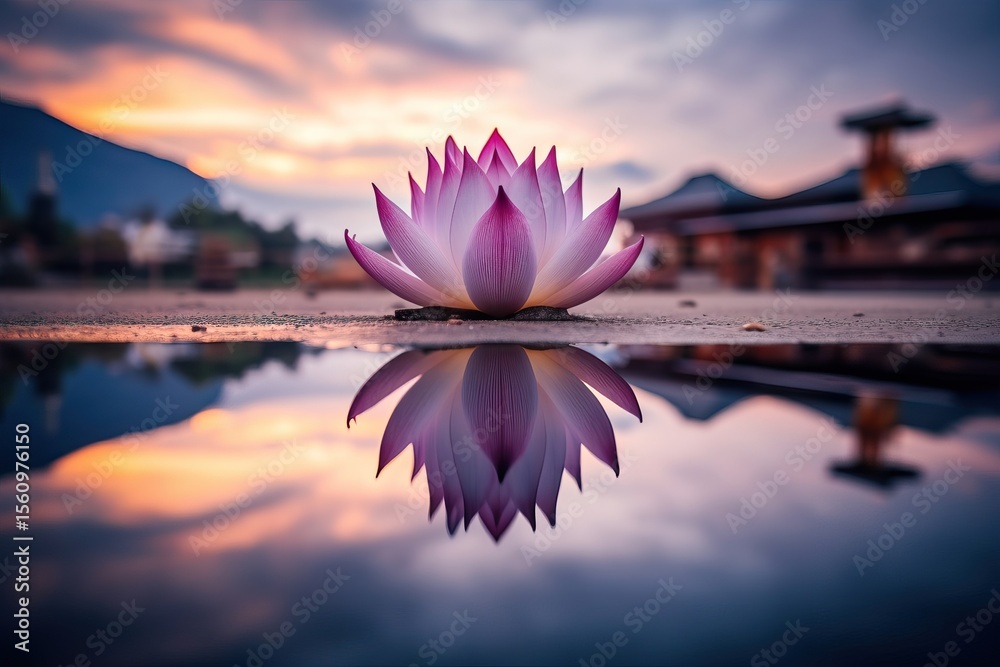 A pink lotus flower reflects in water at sunset, symbolizing purity and ...