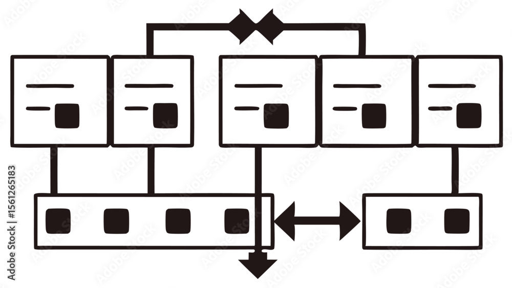 Diagram showing connected boxes with lines and arrows representing data ...