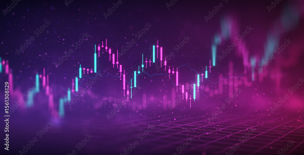 Stock market chart lines in pink and blue against a dark background ...
