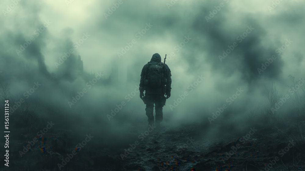 lone soldier in helmet and tactical gear walking through foggy ...