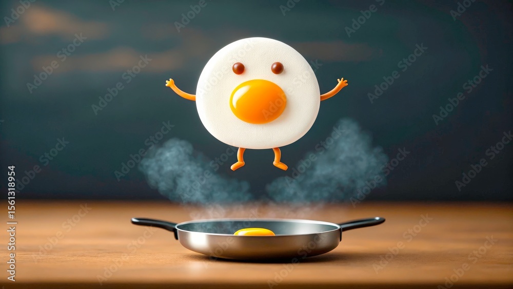 Egg character jumping above frying pan with steam in a kitchen setting ...