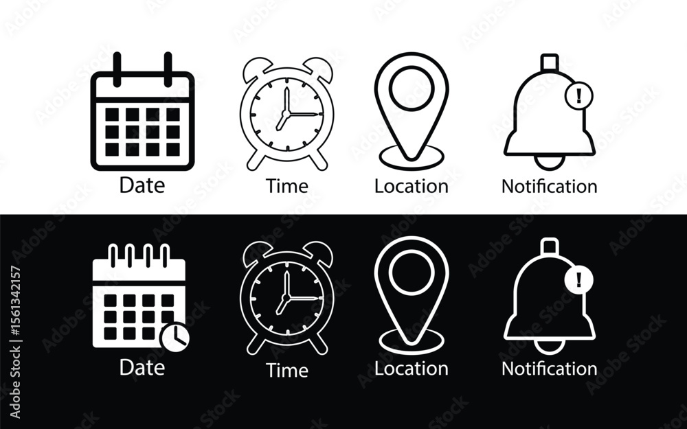 Date Time and Location Icon Set – Calendar, Clock, Notification Bell ...